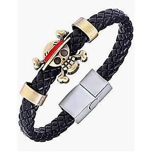 Anime One Piec Bracelet for Fans, Luffy Skeleton Straw Hat Pirate Braided Wristband Cosplay Prop Accessories for Men Women Friends