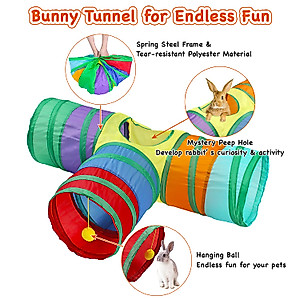 Rabbit Tunnel Collapsible 3 Way Bunny Tunnels and Tubes with Interactive Ball Bunny Hideout Small Animal Activity Tunnel Toys for Dwarf Rabbit Bunny Guinea Pig Kitty