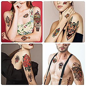77 sheets Classic Temporary Tattoos Old School Tattoos Stickers, Sailor Jerry Style Vintage Design Fake Tattoo, American Traditional Flower Rose Arm Temporary Tattoos for Women Men Adults Kids