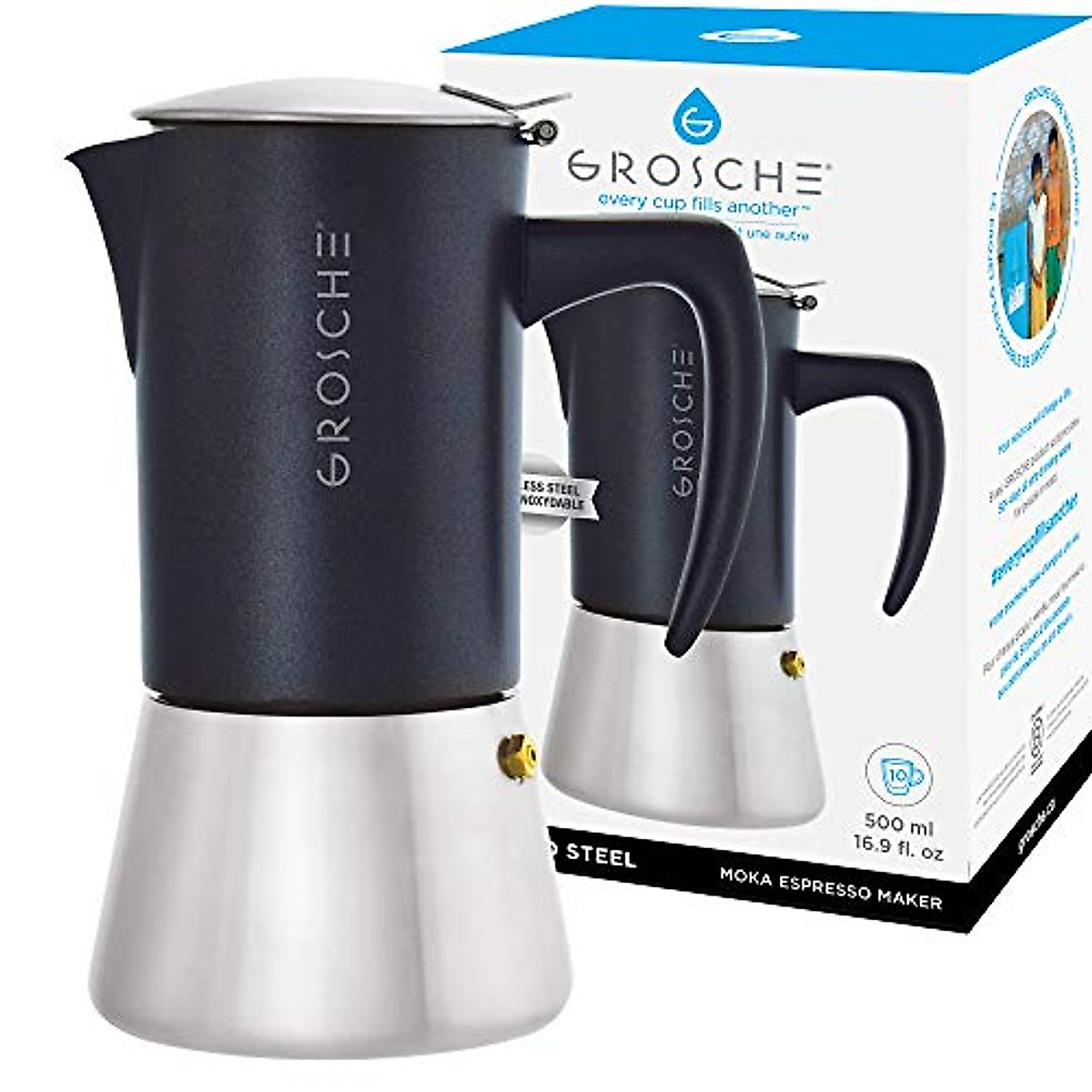 GROSCHE Milano Steel | 10 Espresso Cup | Stovetop Espresso Maker: Stainless Steel Moka Pot for Greca, Induction, Electric & Gas Stoves | Dishwasher Safe Stovetop Espresso Maker Moka Pot