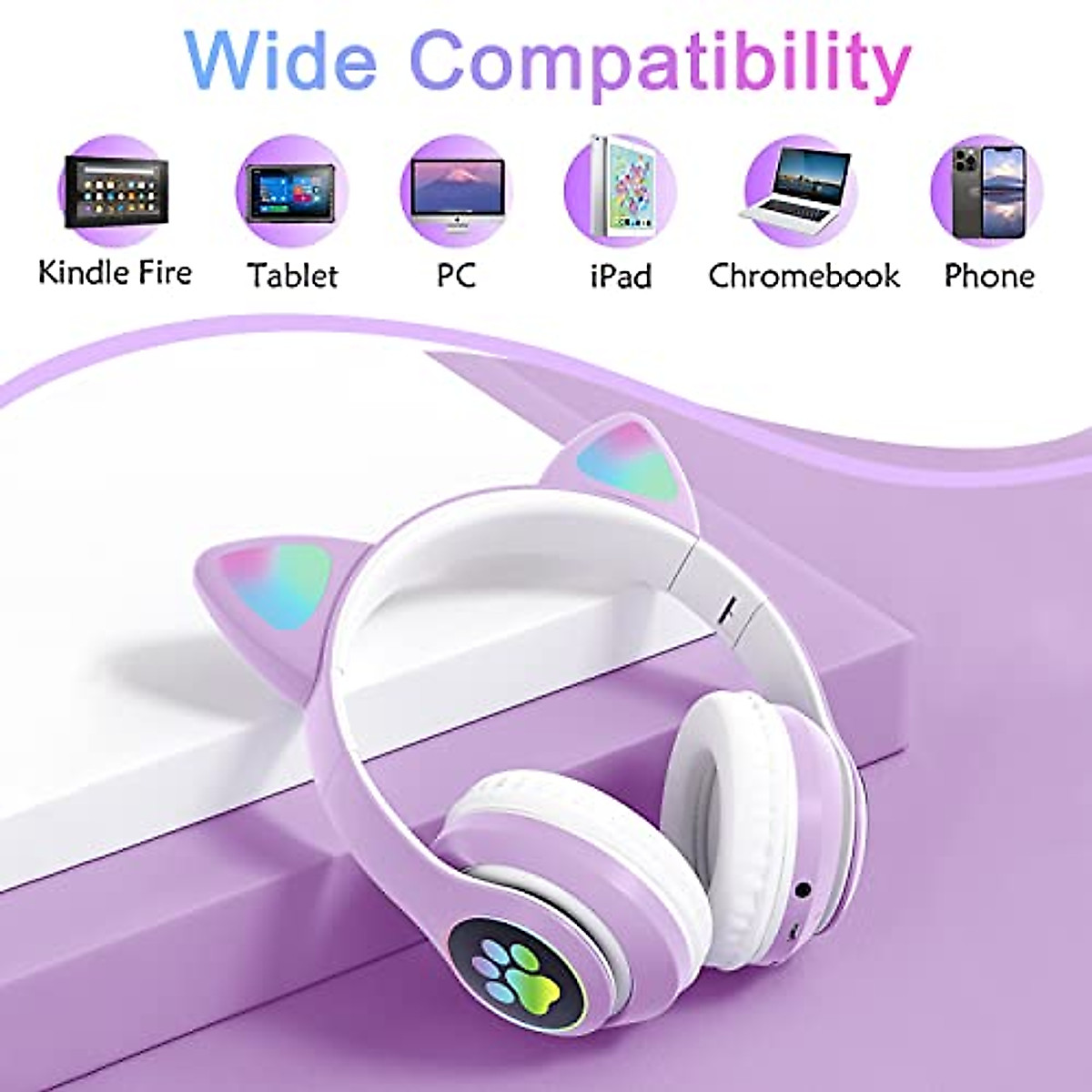TOKANI Wireless Over-Ear Headphones with Microphone, Bluetooth Cat Ear Headphones for Kids Teens Adults Girls Women (Purple)
