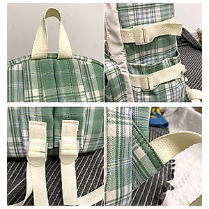 KOWVOWZ Kawaii Plaid Backpack with Pin Cute Cartoon Plush Pendant for Girl School Bag (Green)