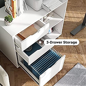 DEVAISE 3-Drawer Wood File Cabinet, Mobile Lateral Filing Cabinet, Printer Stand with Open Storage Shelves for Home Office, White