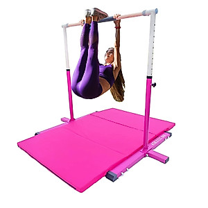 XDance Gymnastics Bar Kip Bar for Kids 3 in 1 Set with Adjustable Balance Tube, 6'x4' Tumble Mat, Expandable Height 3 to 5 FT Horizontal Bar Junior Gymnast Gymnastic Bar Asymmetric Bar Pink