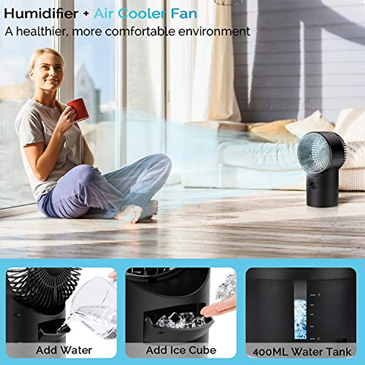 Portable Air Conditioner Fan, KUUOTE Mini Evaporative Cooler with 7 Colors Night Light, Personal Space Air Cooler Quiet Desk Fan Humidifier Misting Fan for Small Room Bedroom Home Office