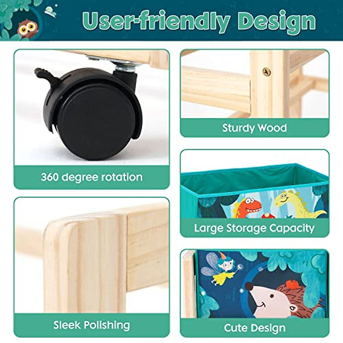 Toy Storage Organizer with Wheels, Utility Storage Cabinet, Rolling Cart with Large Storage Bins for Hold ing Toys, Books, Blankets, Blocks