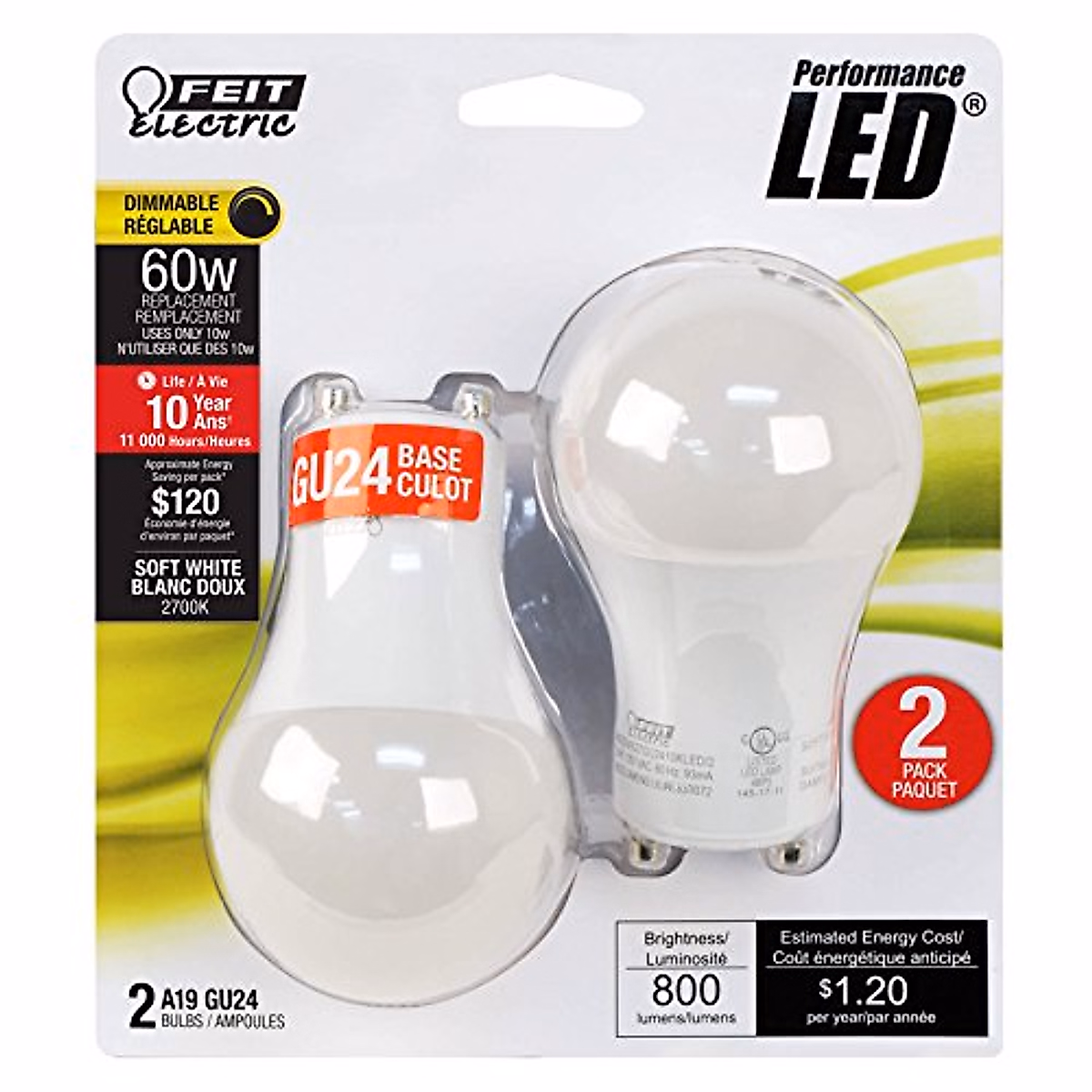 FEIT A60DM827GU2410KLED/2 800 Lumen 2700K Dimmable LED - 2-Pack
