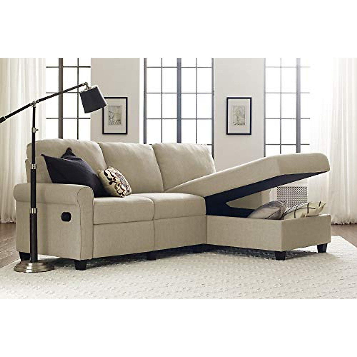 Serta Copenhagen Reclining Sofa Small Couch with Built-in Storage, Low-Maintenance & Family-Friendly Fabric, Right Sectional, Dusk Beige
