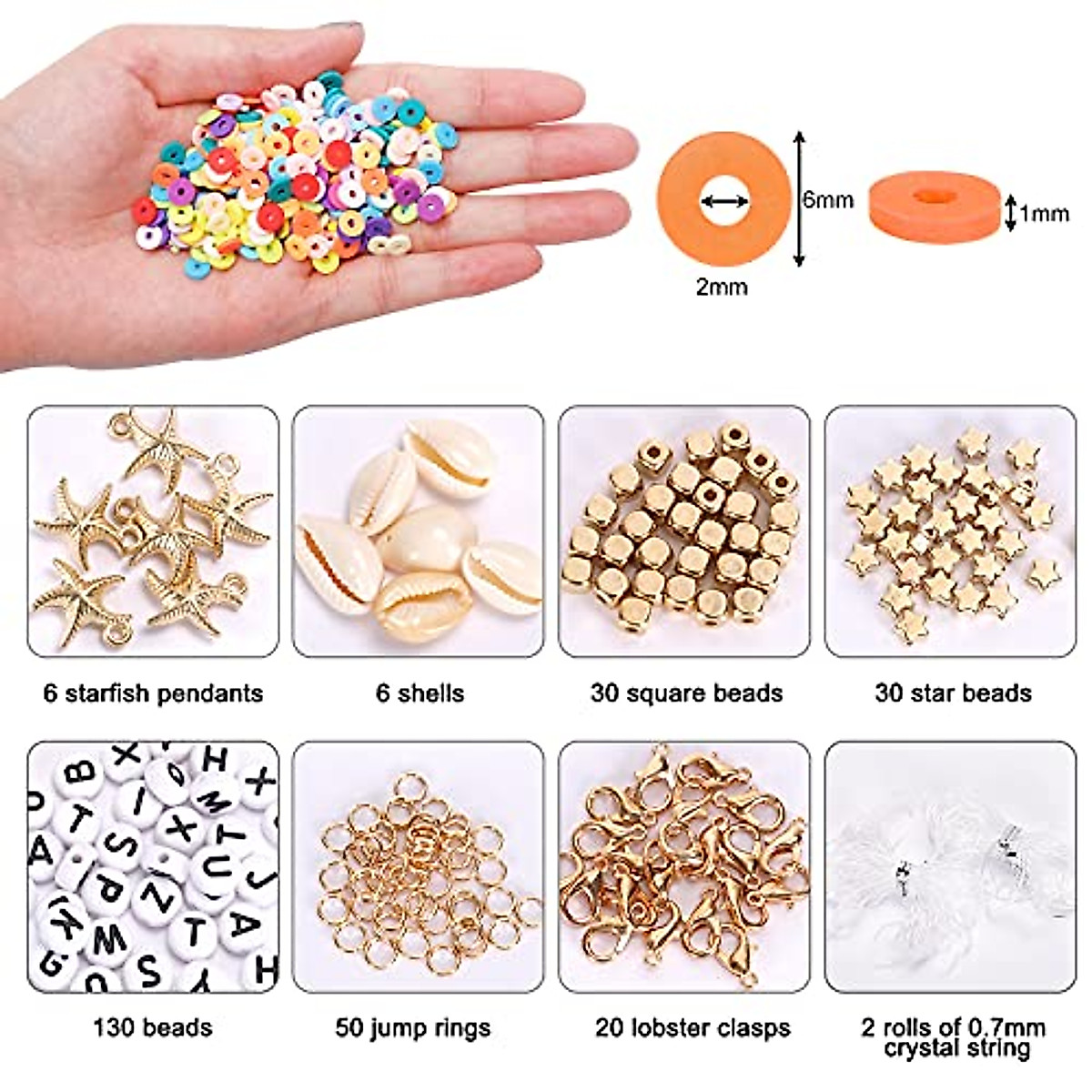 Quefe 6300pcs Clay Heishi Beads with 130pcs Letter Beads, Polymer Flat Round Disc Beads Kit with Elastic String, Pendant, and Jump Rings, for DIY Jewelry Marking Bracelets Necklace, 48 Colors 6mm