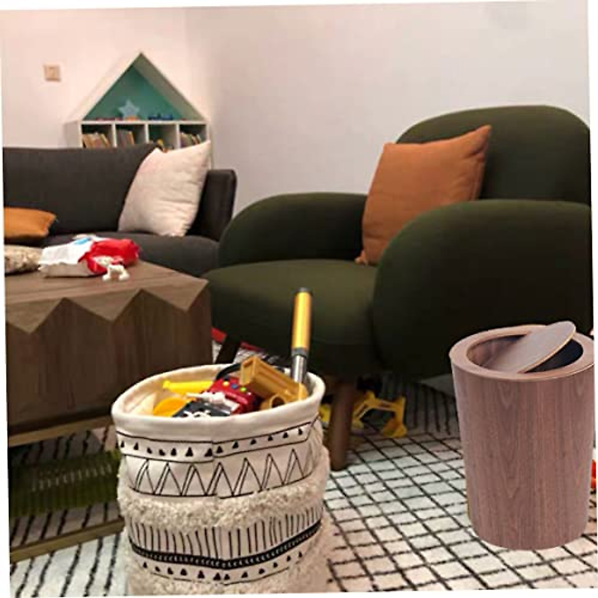 Nirelief Wood Waste Bin with Swing Lid Round Trash Can Kitchen Garbage Basket for Bedroom Wooden Rubbish Bin for Hotel Round Wastebasket Can Garbage Basket for Living Room Waste Bin with Swing Lid