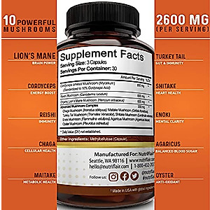 NutriFlair Mushroom Supplement 2600mg, 90 Capsules - 10 Mushrooms Blend - Reishi, Lions Mane, Cordyceps, Chaga, Turkey Tail, Maitake, Shiitake, Oyster Nootropic Complex - Brain, Energy, Focus Pills