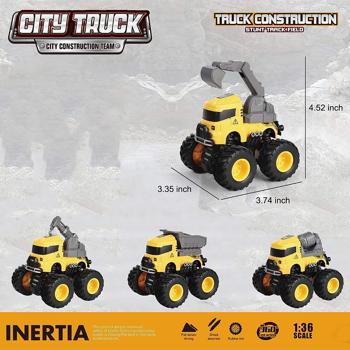 WOCY 4 Pack Pull Back Cars, Construction Truck,Excavator Toys for Boys, Friction Powered Push and Go Toy Cars Trucks for Toddlers, Kids,3+ Year Old Boys Girls (4PCS)