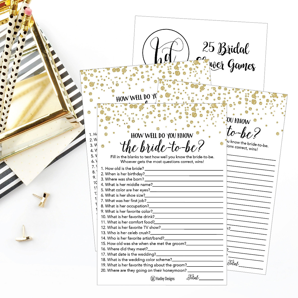 Hadley Designs 25 Black and Gold How Well Do You Know The Bride to be Bridal Wedding Shower or Bachelorette Party Game, Couples Guessing Question Set of Cards Pack, Printed Engagement