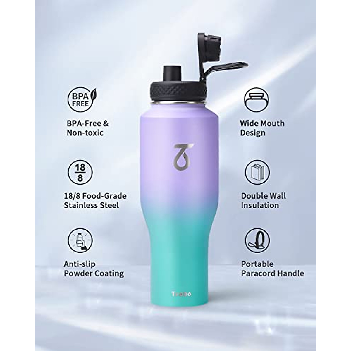 Trebo 40oz Insulated Water Bottle that Fits in Cup Holder, Stainless Steel Double Wall Tumbler Bottles with Paracord Handle, Flask with Straw Spout Lids, Keep Cold for 48 Hrs/Hot 24 Hrs,Cotton Candy