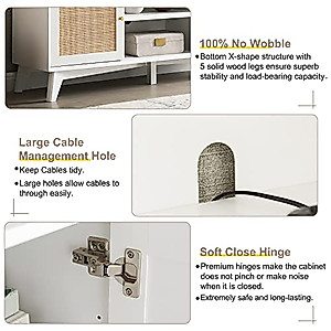 OKD TV Stand for 75+ Inch TV, Mid Century Modern Entertainment Center with Natural Rattan Door, Storage Shelves, Long Boho Media TV Console, Long Television Stand for Living Room, White