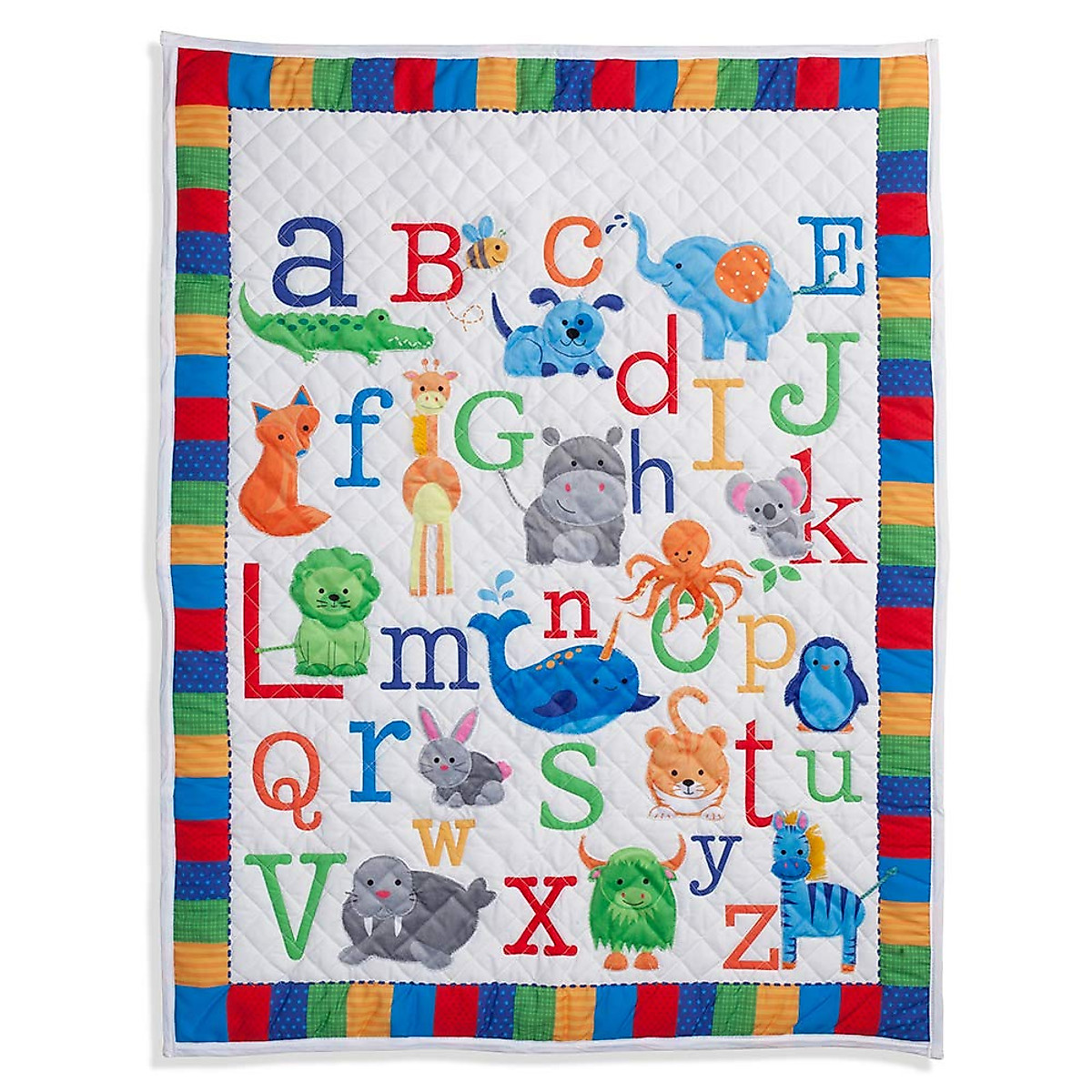 Personalized Planet Primary Color Boy's ABC Quilt with Custom Name Embroidered in Blue Thread on Rectangular Blanket with Alphabet Letters and Cartoon Animals, 31x40