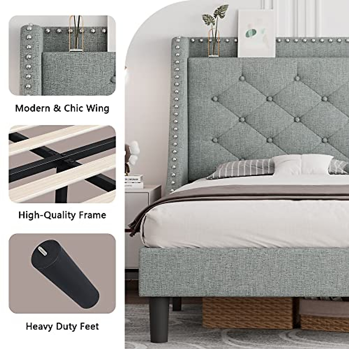 iPormis Queen Bed Frame with Aesthetic Wingback, Upholstered Platform Bed with Diamond Tufting Headboard, 4" Storage Shelf, Sturdy Wood Slats, No Box Spring Needed, Anti-Slip, Light Grey