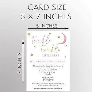 Twinkle Little Star Baby Shower Invitation Over the Moon Invites Pink Gold Girls Glitter Custom Customize Personalize Printed Cards (12 Count)
