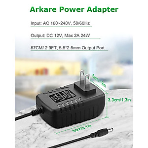 Arkare 12V Power Supply 2A AC/DC Adapter 12Volt Wall Charger Replacement Power Cord AC 100V-240V to DC 12Volt 2A 1.5A 1A Converter for Security Camera BT Speaker GPS Webcam Router Scanner with 10TIPS