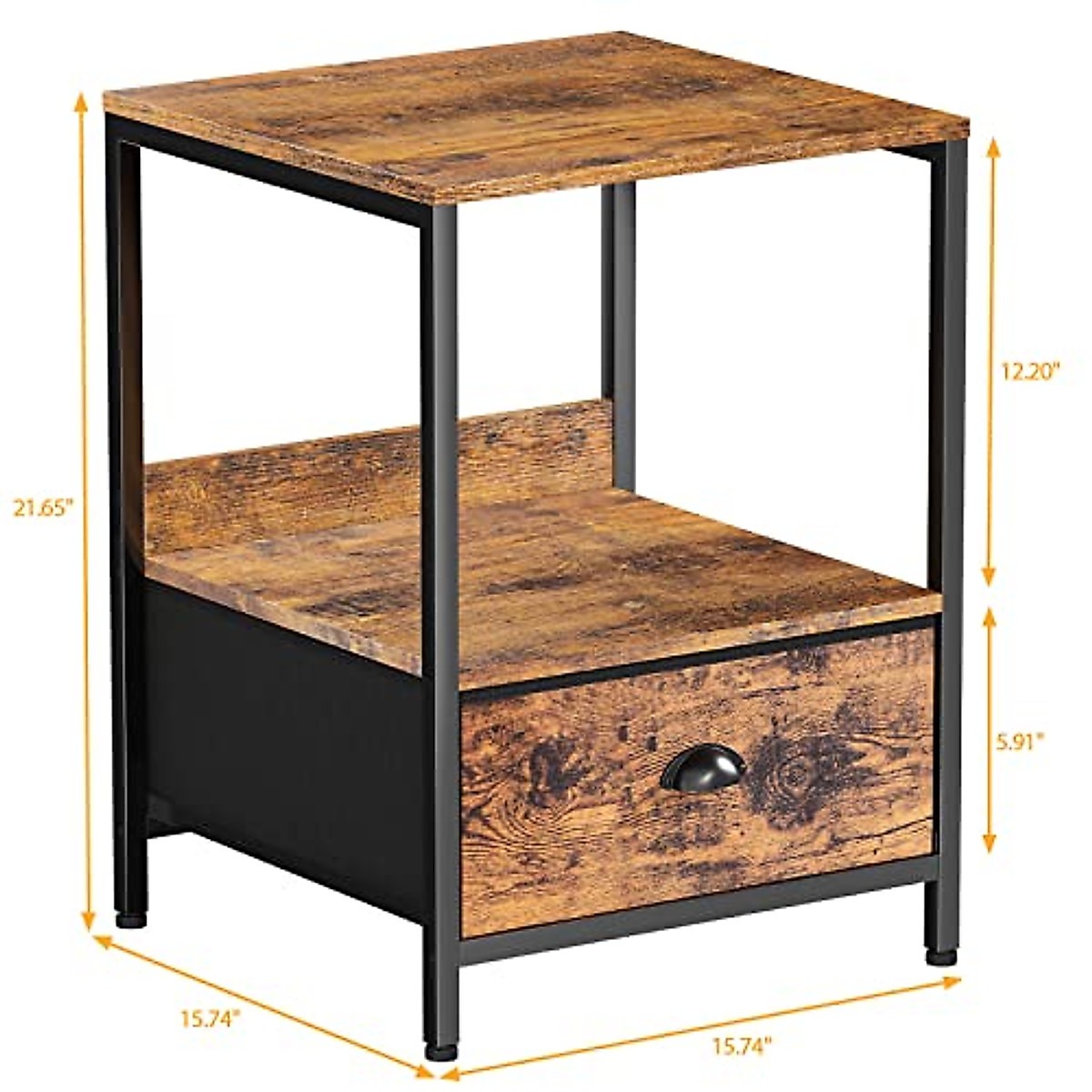 Furologee Set of 2 Nightstand with Drawer, End Table with Storage Shelf, Industrial Side Sofa Table, Bedside Accent Furniture Metal Frame Easy Assembly for Living Room/Bedroom/Hallway, Rustic Brown