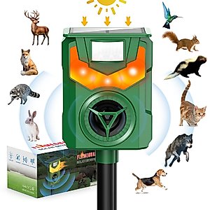 Solar Powered Ultrasonic Animal Repeller, Outdoor Cat Repeller, Flaming Eye Alarm, Animal Repeller with Sensitive Motion Sensor for Yard Repelling Cat,Dog, Bird, Rabbit, Skunk, Squirrel and Deer