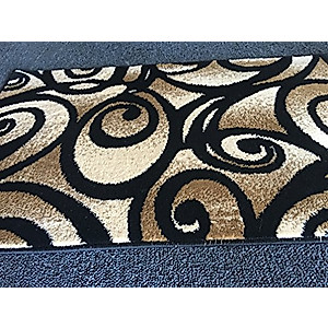 Bellagio Modern Doorway Mat Contemporary Area Rug Black Beige Abstract Swirl Design 341 (2 Feet X 3 Feet 4 Inch)