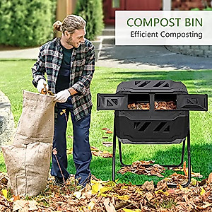 F2C Compost Bin Outdoor Dual Chamber Tumbling Composter 43 Gallon BPA Free Large Tumbler Composters Tumbling or Rotating w/Sliding Doors & Solid Steel Frame Garden Yard Black