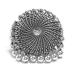Dtja Boho Big Teardrop Statement Ring for Women Vintage Tassel Ball Bead Adjustable Open Band Cocktail Party Ring Comfort Fit Gypsy Indian Bollywood Peacock Tail Exaggerated Jewelry (Silver)