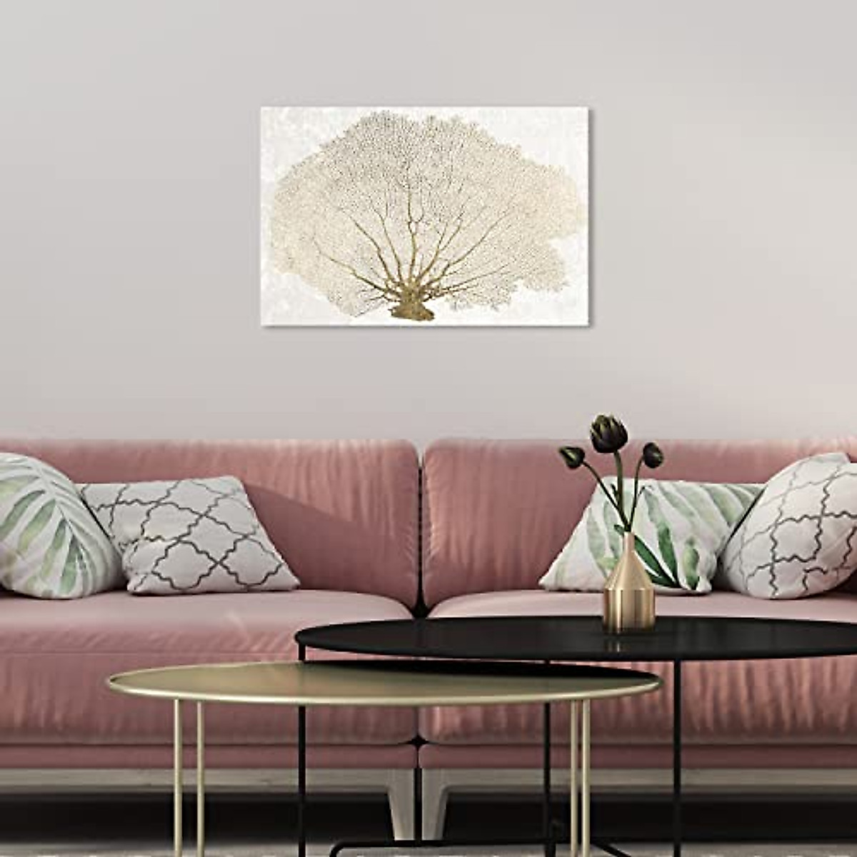 The Oliver Gal Artist Co. Nautical and Coastal Wall Art Canvas Prints Coral Fan' Home Décor, 15" x 10", Gold, White