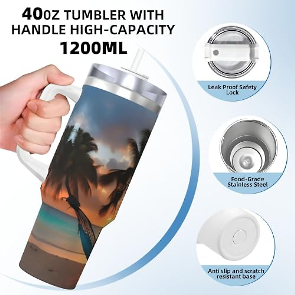 HULIBIN Coconut Beach Sunset Hammock Print Double Deck Stainless Steel Travel Coffee Cup With Lid 40 Oz Ice Bully Cup