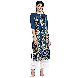 Janasya Indian Women's Turquoise Blue Poly Crepe Kurta(JNE3457-KR-XL)