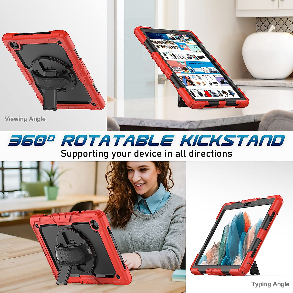 Timecity Case for Samsung Galaxy Tab A8 10.5 inch SM-X200/X205/X207 with 360 Degree Rotatable Kickstand Hand Strap Shoulder Strap for Samsung Galaxy Tab A8 Tablet 2022 Released, Red