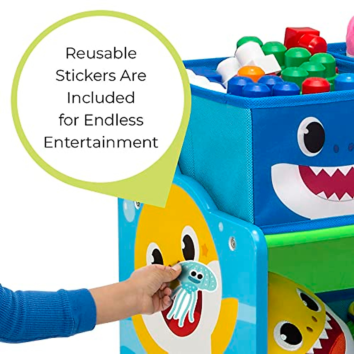 Baby Shark 5-Piece Toddler Bedroom Set by Delta Children - Includes Bed, Table with 2 Chairs and 6 Bin Design and Store Toy Organizer, Blue