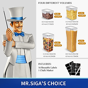 MR.SIGA 12 Pack Airtight Food Storage Container Set, BPA Free Kitchen Pantry Organization, Kitchen Canisters for Cereal, Spaghetti, includes 16 Reusable Sticker Labels and 1 Erasable Chalk Marker