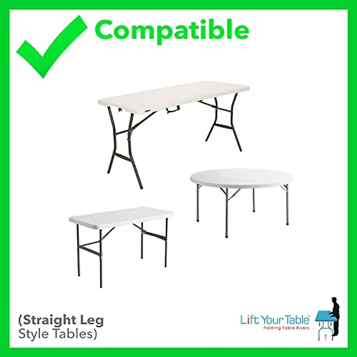 Lift Your Table® Folding Table Risers, Easy-to-Use Straight Leg Folding Table Extensions, Counter Height, Raises Folding Tables 8” Inches. Durable, Sturdy. Set of 4, Black, Made in The USA