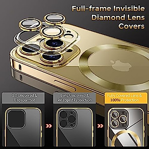 Metal Magnetic Clear Case for iPhone 13 Pro Max [CD Pattern for Magsafe Ring & Safety Lock] [Metal Frame Bumper] [Integrated Camera Lens Protector] Shock-Absorb Case, Clear Back Cover - Luxury Gold