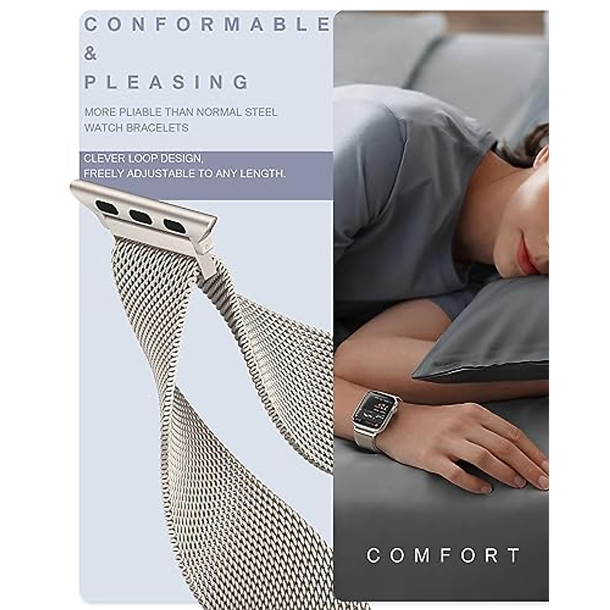 Original Stainless Steel Milanese Loop Compatible with Apple Watch Band 38mm 40mm 41mm 42mm 44mm 45mm 49mm, Magnetic Clasp Replacement Band for iwatch Series Ultra SE 8 7 6 5 4 3 2 1, Women & Men Watch Strap for iWatch (Starlight, 41mm/40mm/38mm)