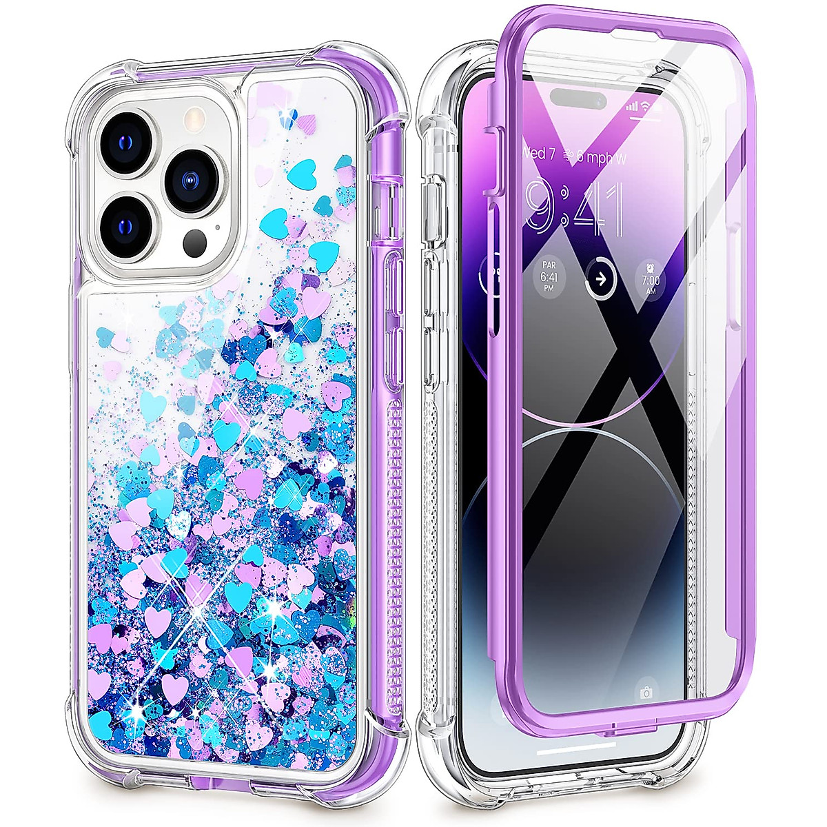 Caka for iPhone 14 Pro Max Case Glitter for Girls Women with Built-in Screen Protector Liquid Quicksand Protective Shockproof Full Body Phone Case for iPhone 14 Pro Max 6.7’’ Blue Purple