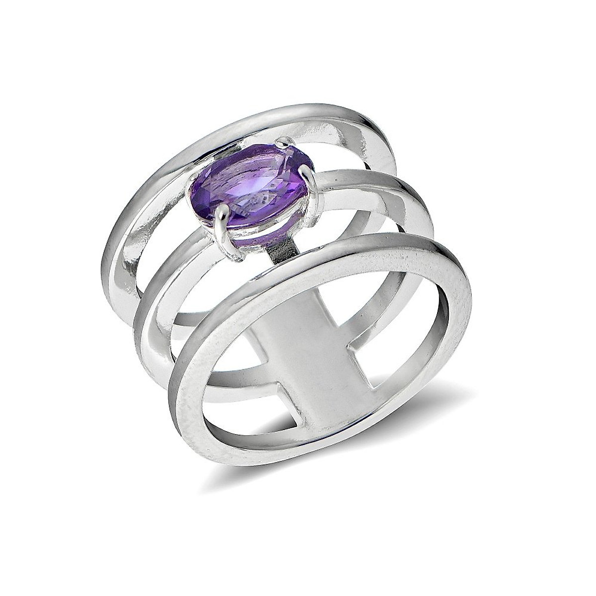 Ice Gems Sterling Silver African Amethyst Oval Three Row Band Ring, Size 9