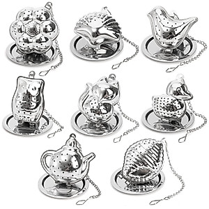 Elsjoy Set of 8 Loose Leaf Tea Infusers with Chain and 8 Drip Trays, 18/8 Stainless Steel Tea Balls Cute Tea Steepers, Mini Tea Strainer Tea Filter Set for Mugs, Tea Cups, Teapots, 16 Pcs