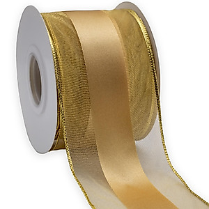 XMRIBBON Wire Edged Ribbon Golden Sheer Edge Satin Ribbon, 2 1/2" x 10 Meters,for Gift Wrapping, Tree Topper, Garland, Christmas Wreath