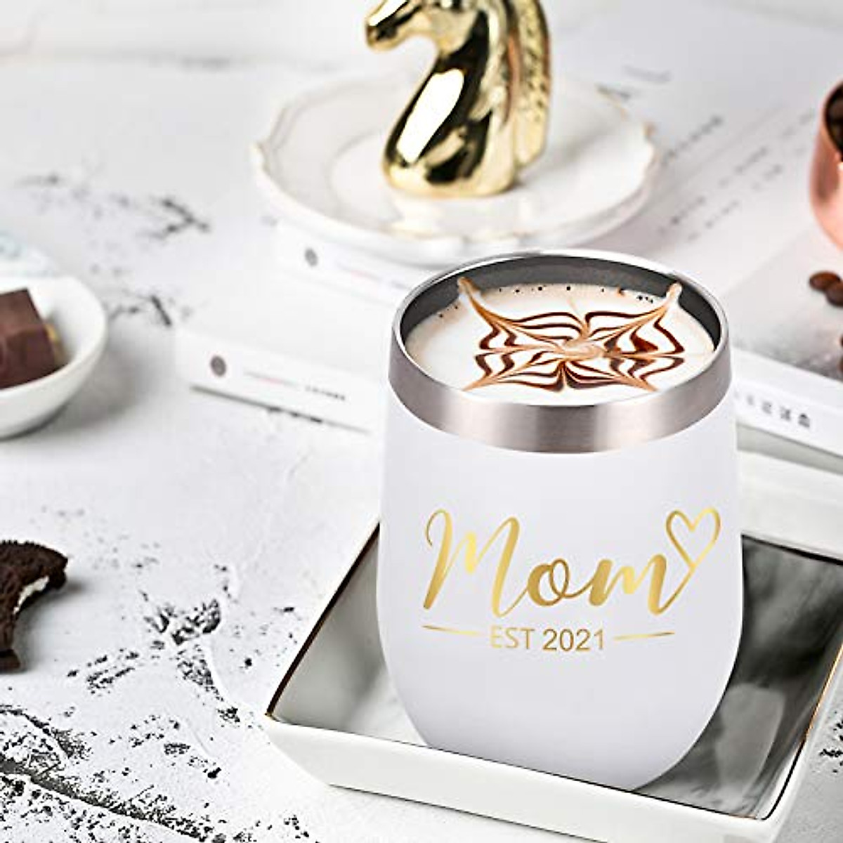 Homlouue New Parents Wine Tumbler Set, Mom Dad Est 2021 Tumbler Set for New Mom Baby Shower New Parents New Pregnancy Baby Announcement, 12 Oz Insulated Stainless Steel Wine Tumbler, Black and White