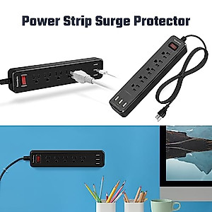 Power Strip, SUPERDANNY 5-Outlet Surge Protector, 3 USB Ports, 4.5 Ft Extension Cord, 900 Joules, Mountable, Overload Switch, Protected Indicator Light, Multiple Protections for Home Office, Black