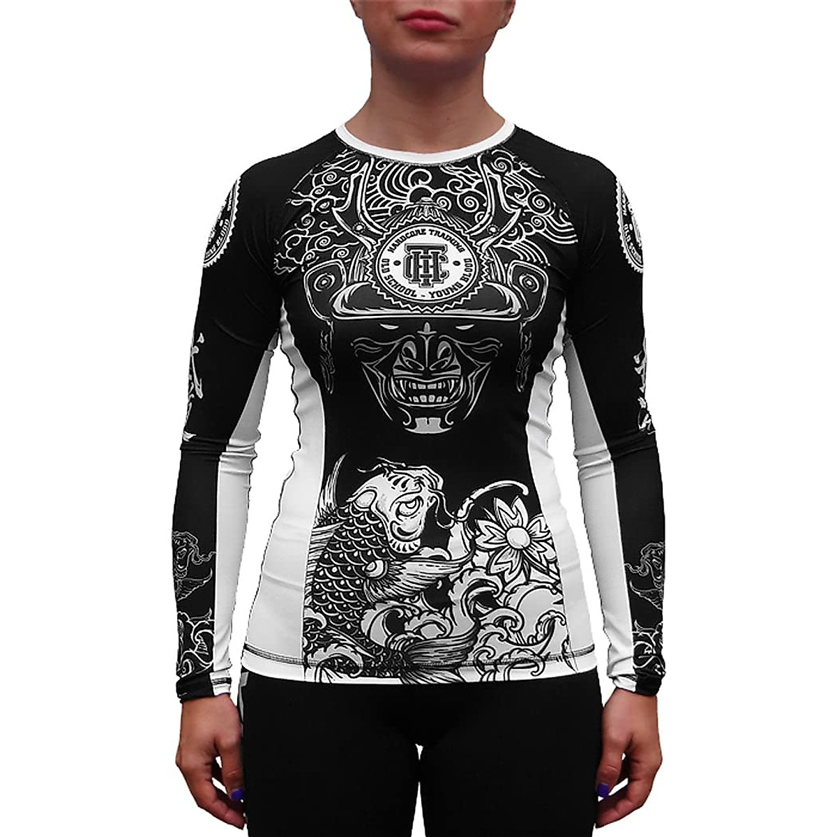 Hardcore Training Koi Women Rash Guard Long Sleeve Compression Base Layer Tight Fitness Yoga Running Gym Workout Black/White