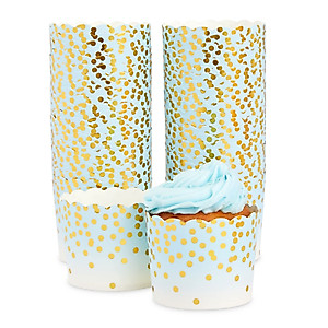 50 Pack Blue and Gold Polka Dot Cupcake Liners Wrappers, Muffin Paper Baking Cup for Wedding & Birthday