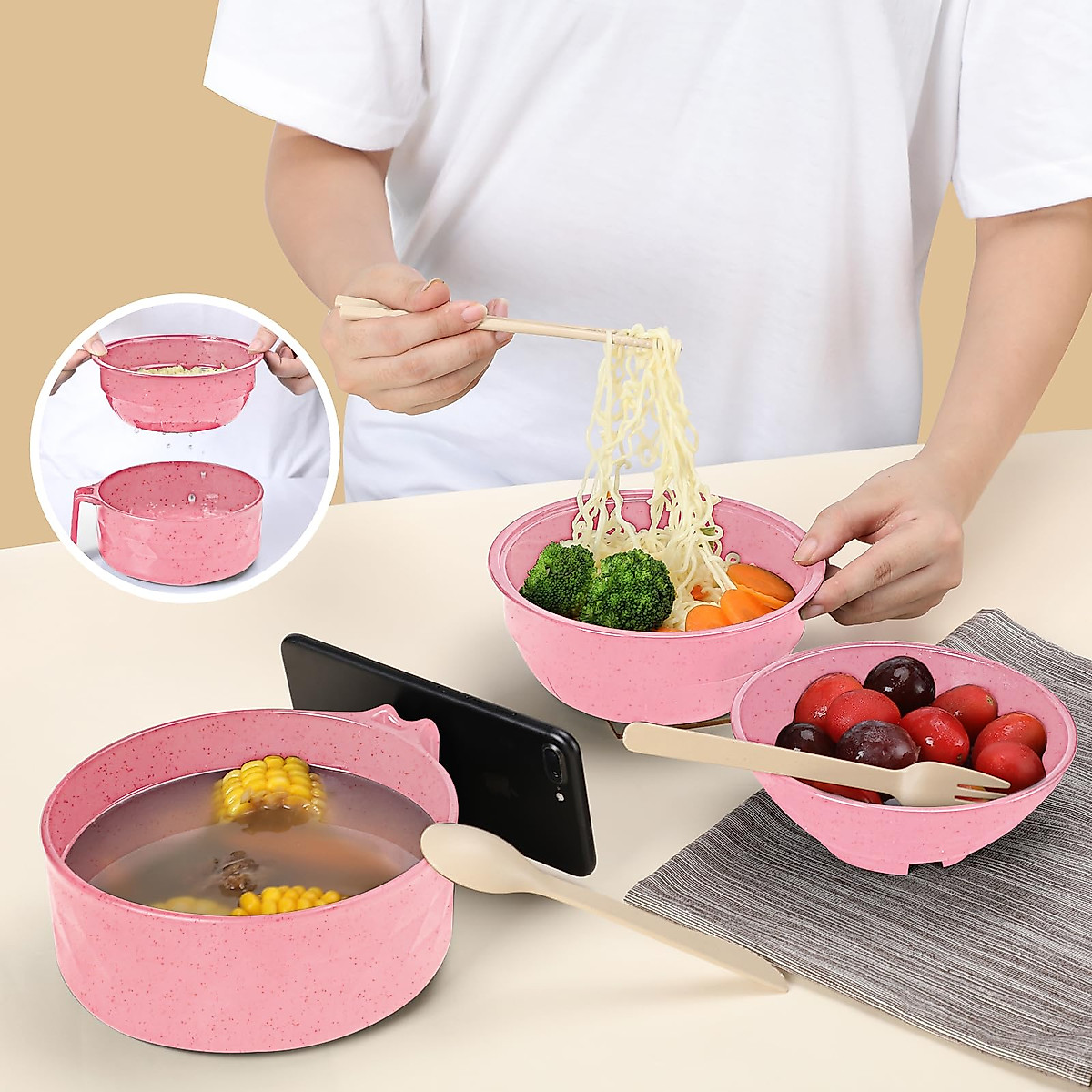 Microwave Ramen Cooker,Ramen Bowl With Chopsticks and Spoon,For Office College Dorm Room Essentials Instant Lunch Ideal for Shin and Buldak Ramen Noodle On The Go, Dishwasher-Safe,BPA-Free. (Pink)