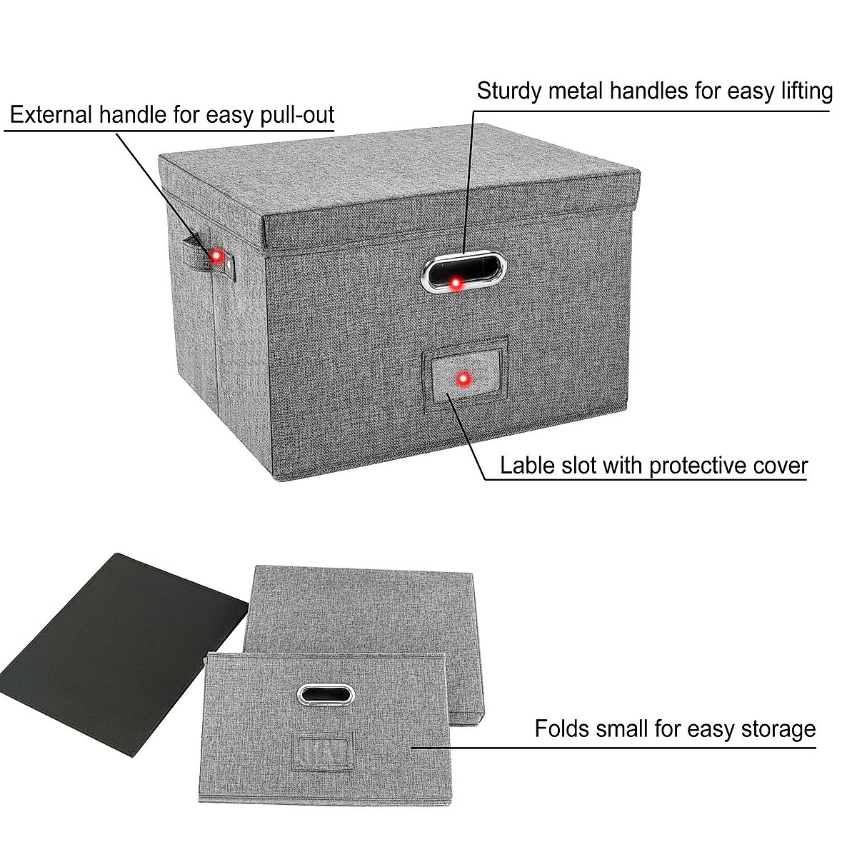 JSungo 2 Pack File Box with 10 Hanging Filing Folders, Document Organizer Storage with Lid, Collapsible Linen Hanging Filing Organization, Office Portable Storage with Handle, Grey