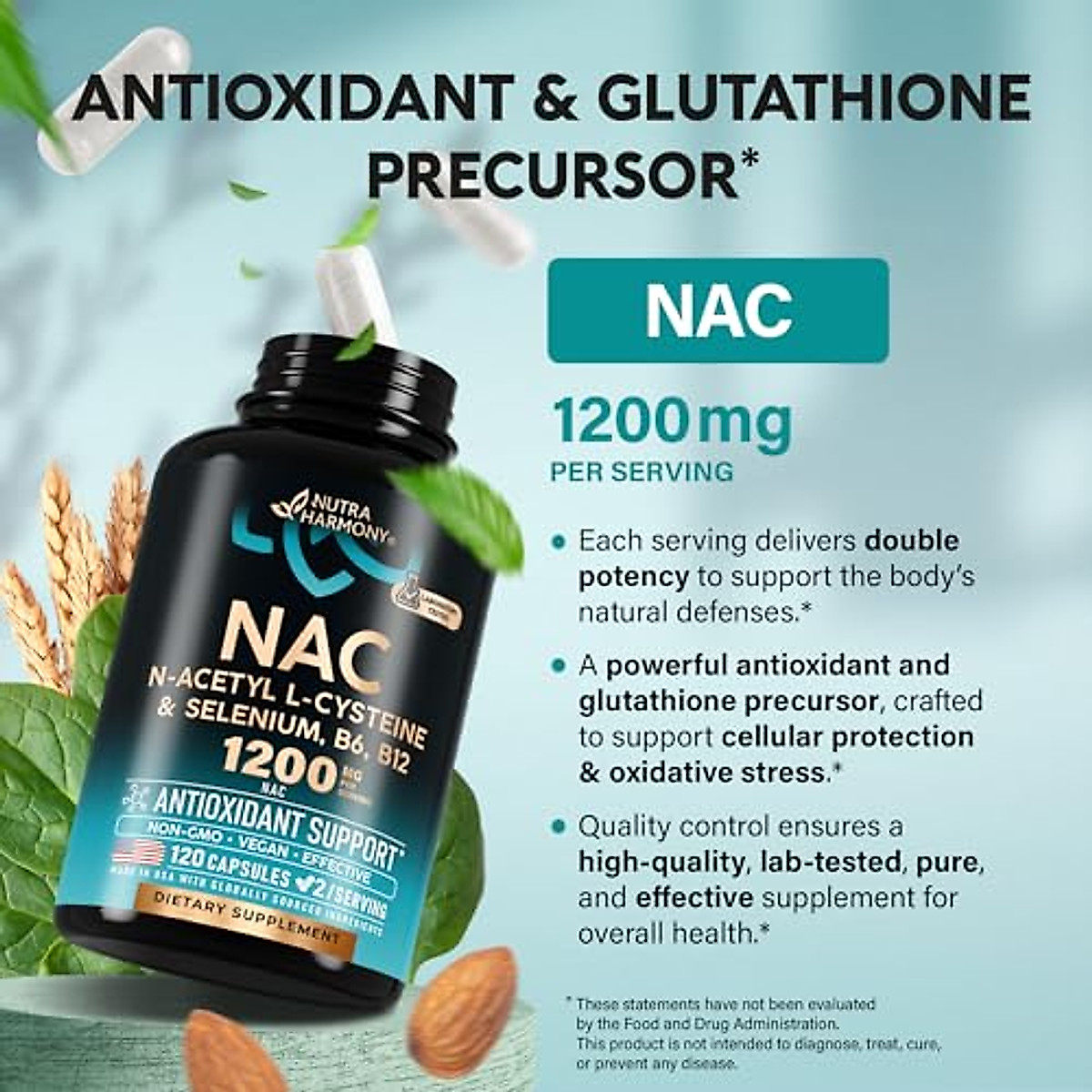 NAC Supplement | Selenium | B6 | B12 - Antioxidant, Immune Support - N Acetyl Cysteine 600 mg per Capsule, 1200 mg per Serving - Made in USA - Non-GMO, Gluten-Free, Vegan - 120 caps, 2 Month Supply