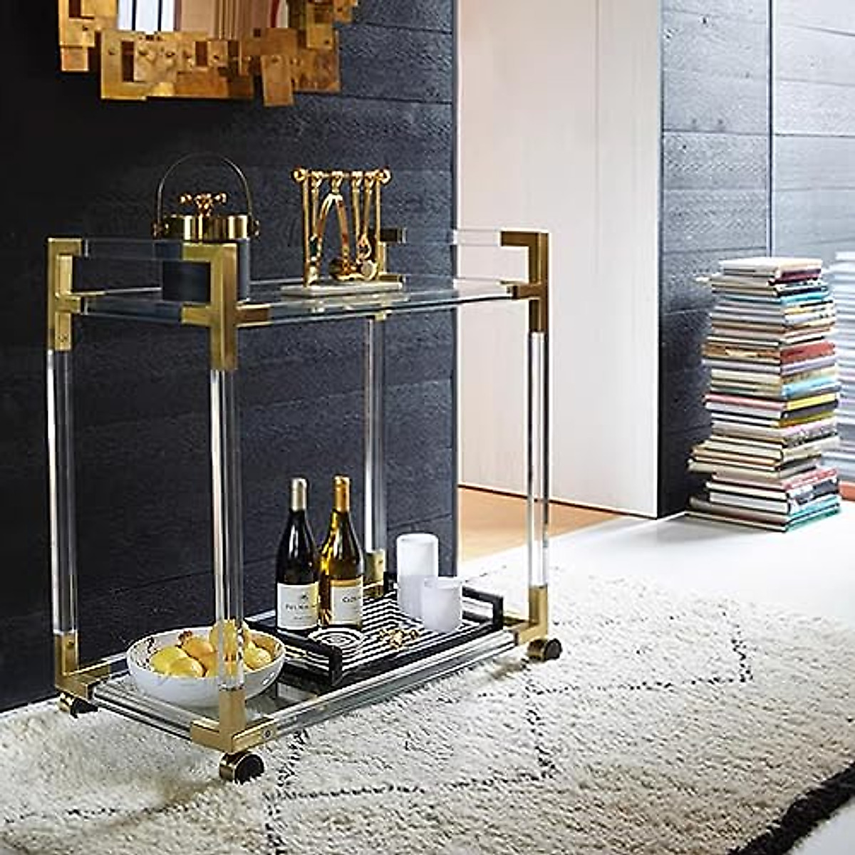 VLOBAOM Gold Bar Cart on Wheels, Clear Acrylic Serving Cart for Home, Mobile Storage Shelf, Rolling Drink Trolley for Living Room, Kitchen, Hotel,80x40x80cm,Gold