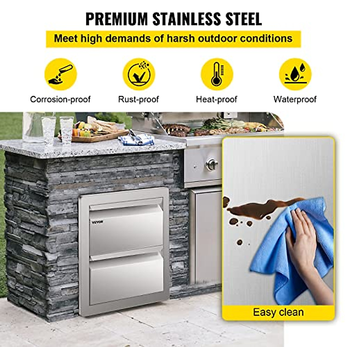 VBENLEM 14W x 14.5H x 23D Inch Flush Mount Stainless Steel Double Drawers with Recessed Handles for Outdoor Kitchens or BBQ Island